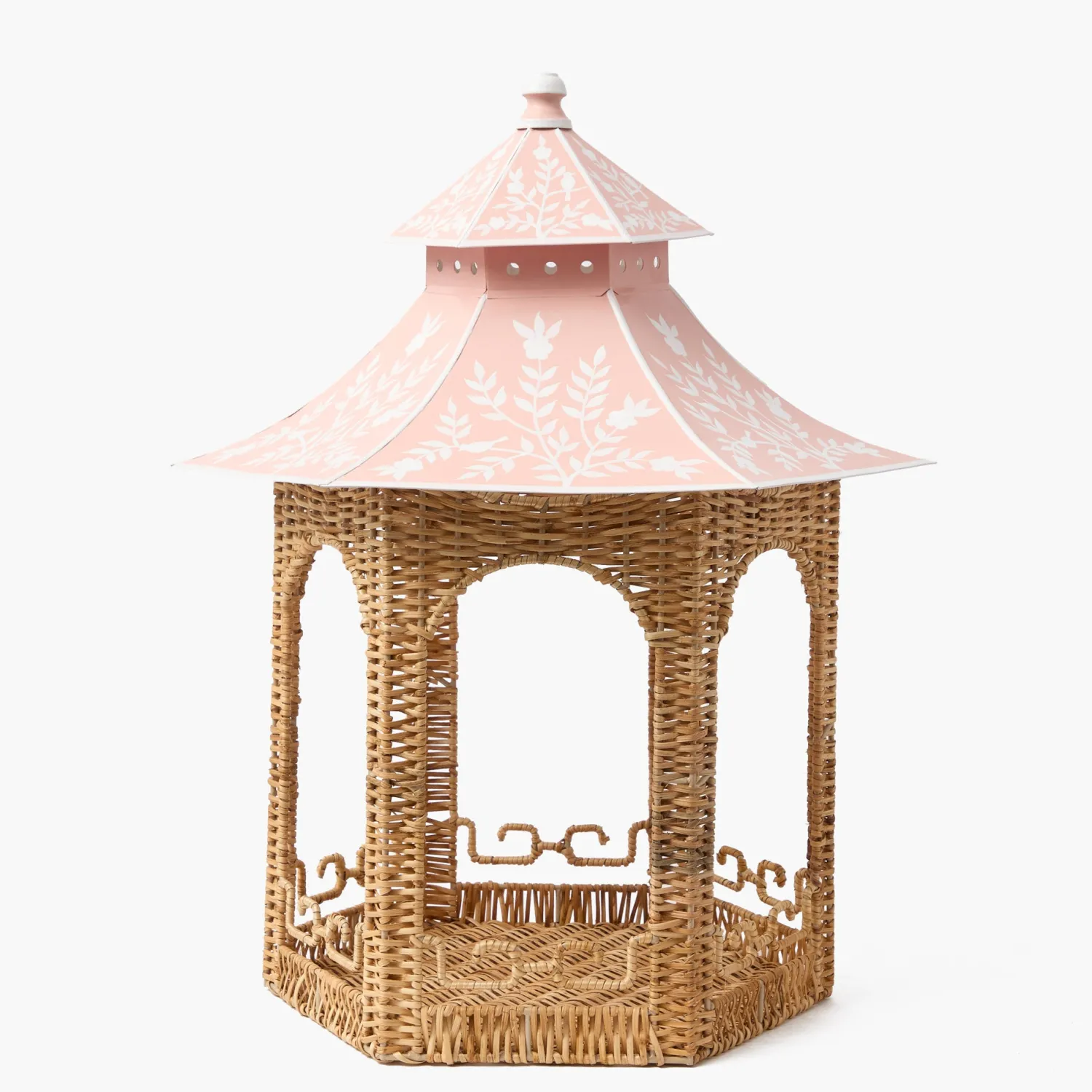 Mrs. Alice Large Natural Rattan & Pink Chinoiserie Pagoda Lantern